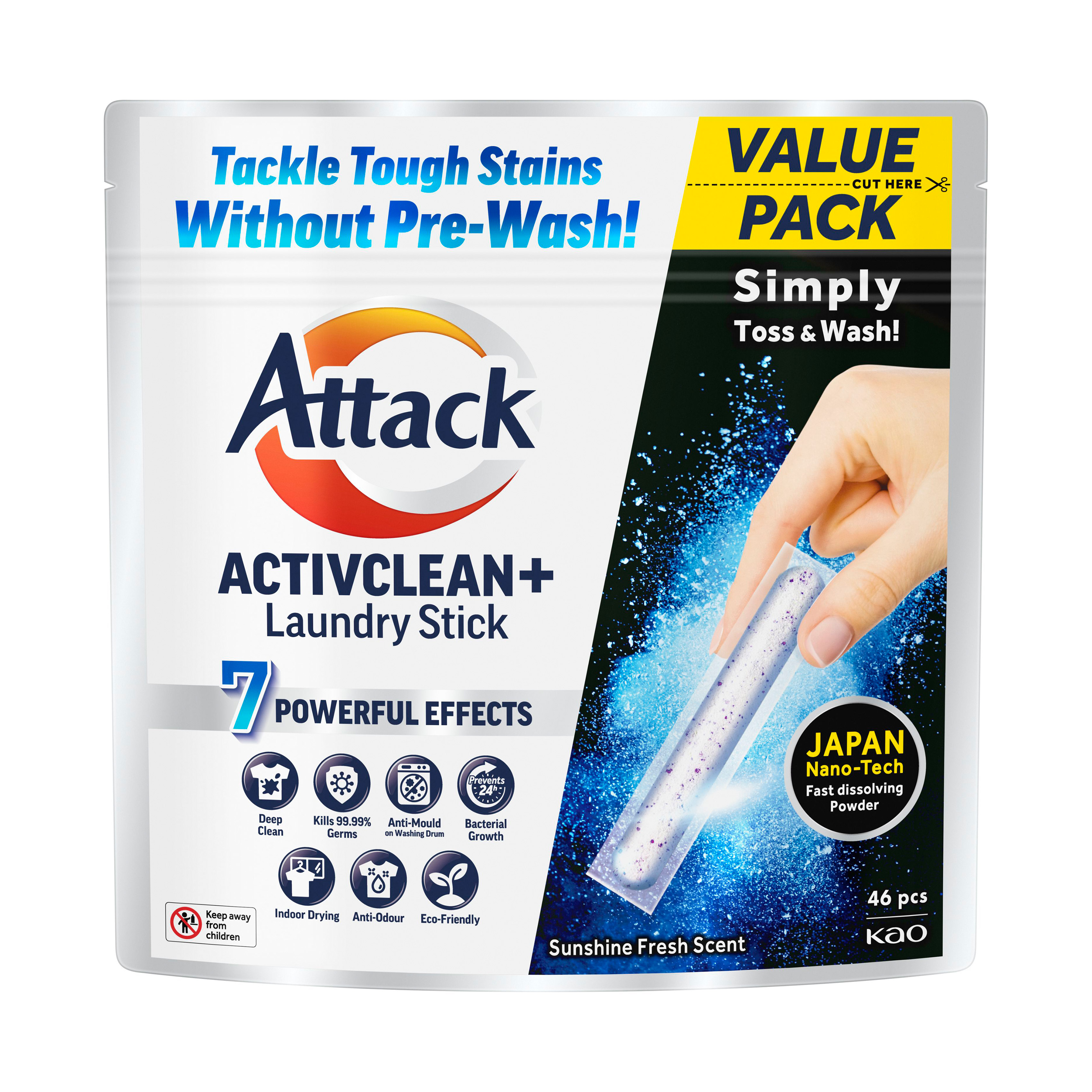 Kao Singapore | Product Catalog | Attack ActivClean+ Laundry Stick 46pcs